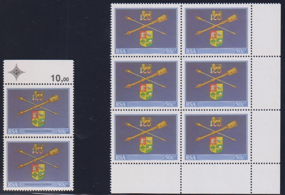 RSA 1985 PARLIAMENT 50c BLOCK OF 6 WITH BLACK PRINTING OMITTED - SACC ...